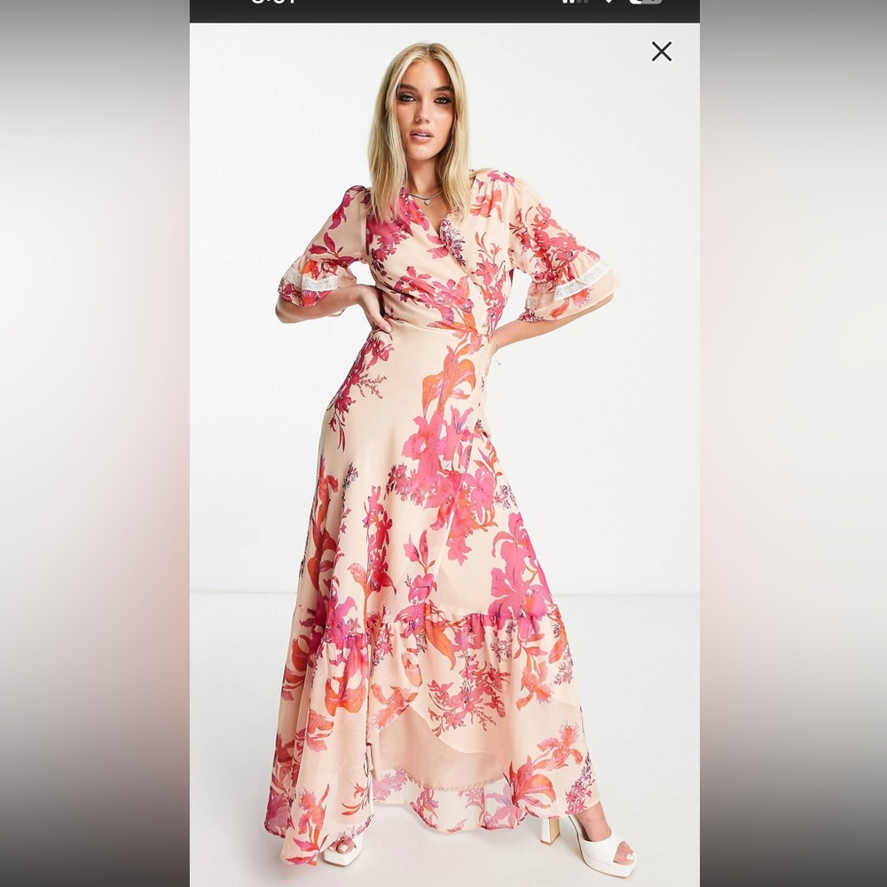 Flutter Sleeve Wrap Maxi Dress In Fuchsia Floral - Gem